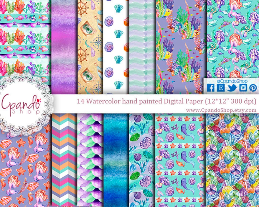 Mermaid Paper Pack Watercolor Sea Scrapbook Underwater Background ...
