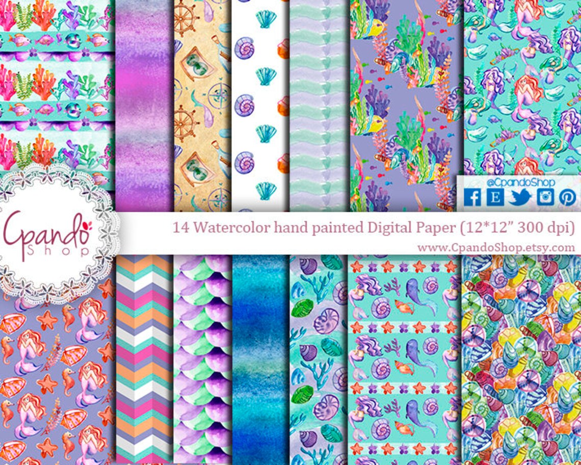 Mermaid Paper Pack Watercolor Sea Scrapbook Underwater - Etsy