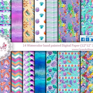 Mermaid Paper Pack Watercolor Sea Scrapbook Underwater Background ...