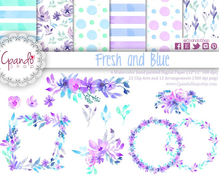 Fresh and Blue desgin kit 22 floral clipart hand painted in | Etsy