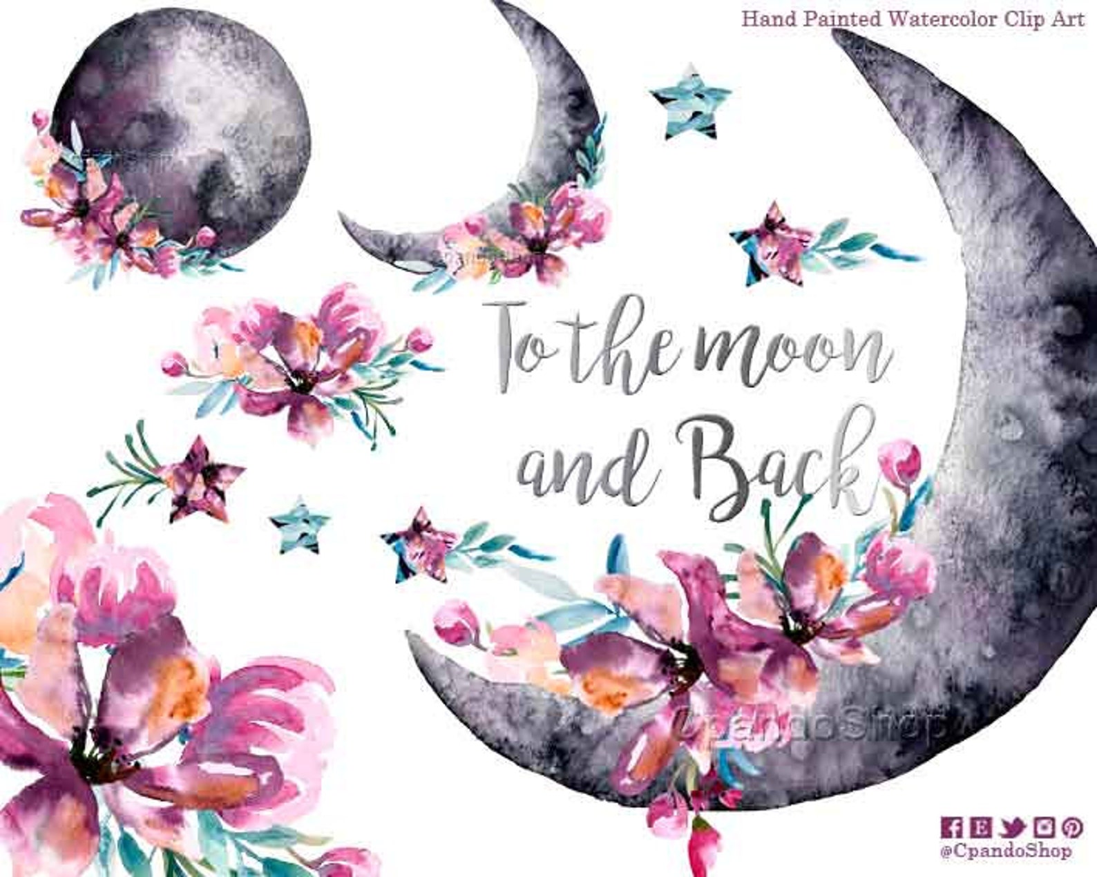 Floral Moon, Moon Watercolor Clipart, Space PNG, Stars Clip Bouquet ...