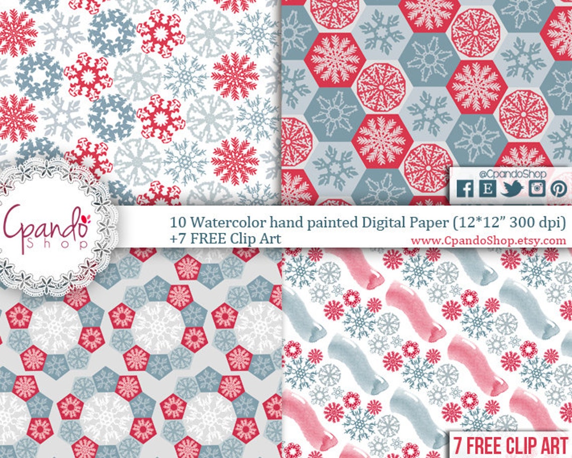Red and Blue Christmas Digital Paper Winter Watercolor - Etsy