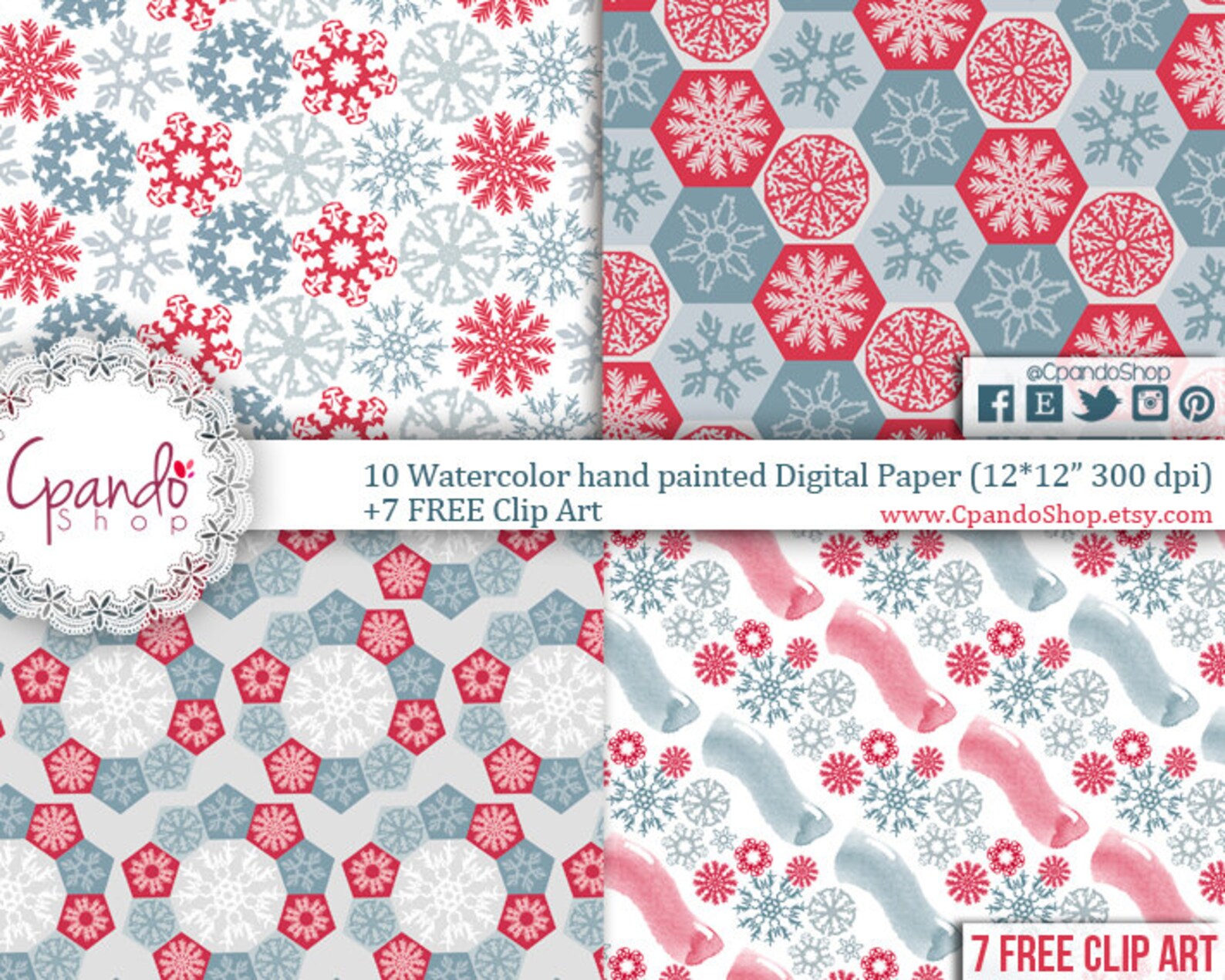 Red and Blue Christmas Digital Paper, Winter Watercolor Digital Peper ...