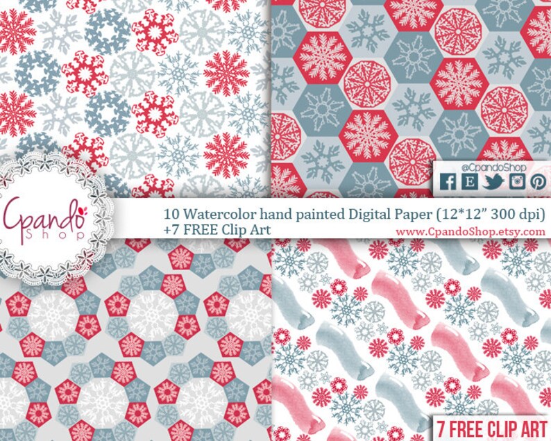 Red and Blue Christmas Digital Paper, Winter Watercolor Digital Peper ...