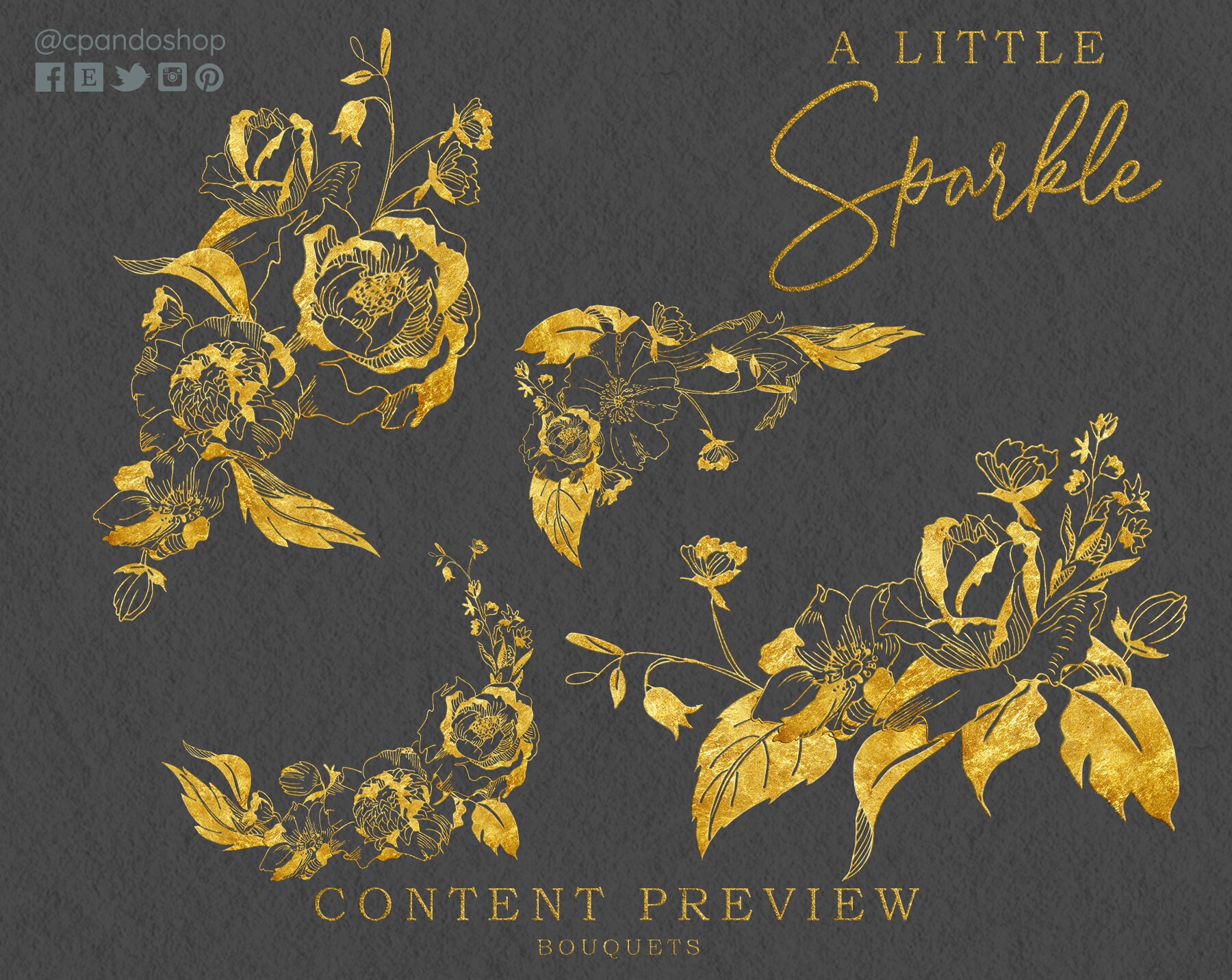 A Little Sparkle Metallic Flourish, Gold Leaf Flower Hand Drawn, Gold ...