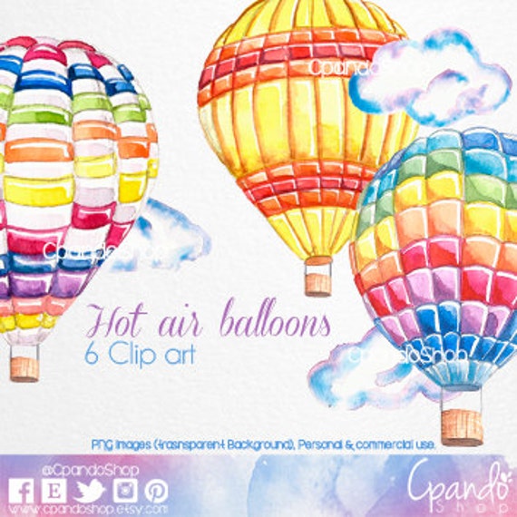 Hot Air Balloons Watercolor Hand Painted Clip Art 6 Png | Etsy