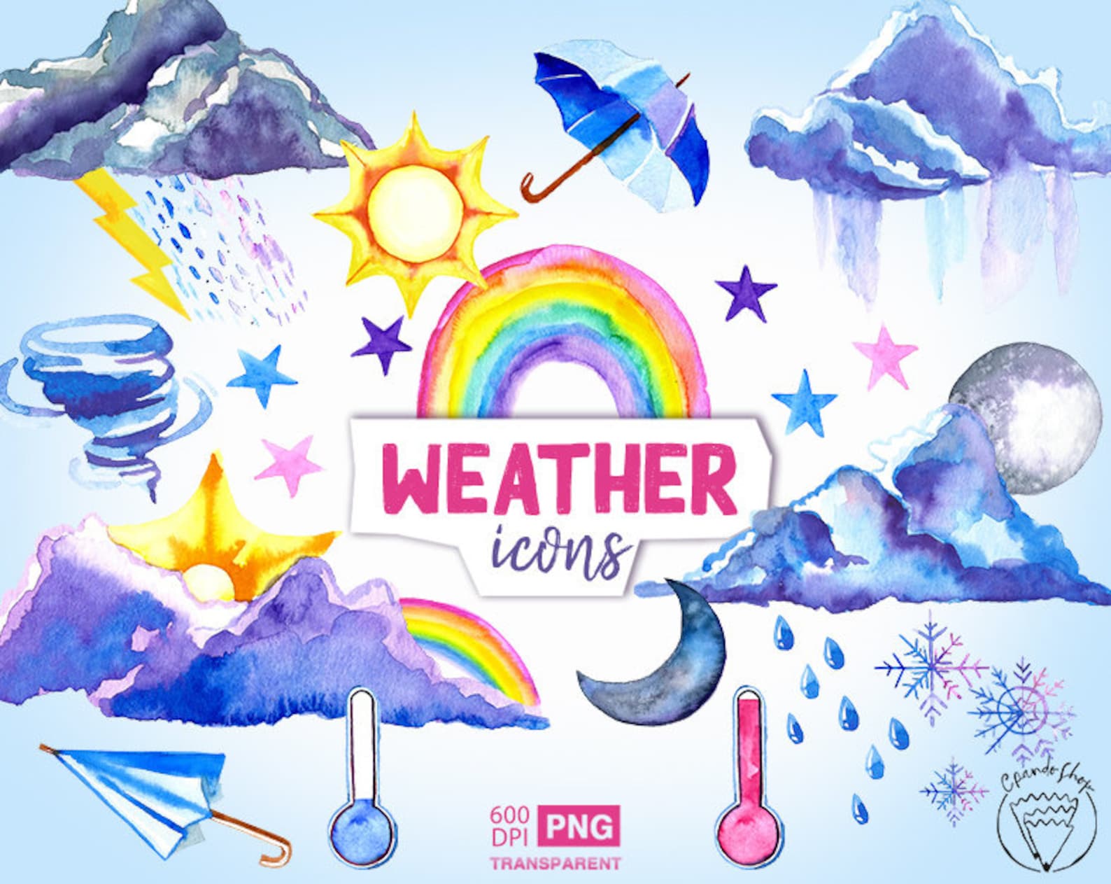 Watercolor Weather Clip Art Sun Moon Clouds Rain Snow - Etsy