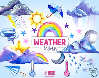 BUY 4 GET 50% OFF Watercolor Weather Clip Art Sun Moon Clouds Rain Snow ...