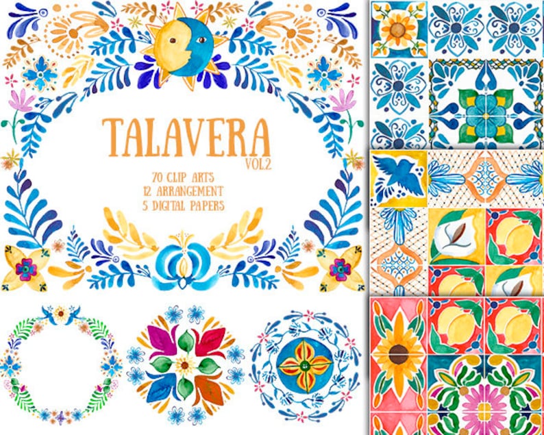 Talavera Flores de México Clip art Acuarela clipart PNG - Etsy España