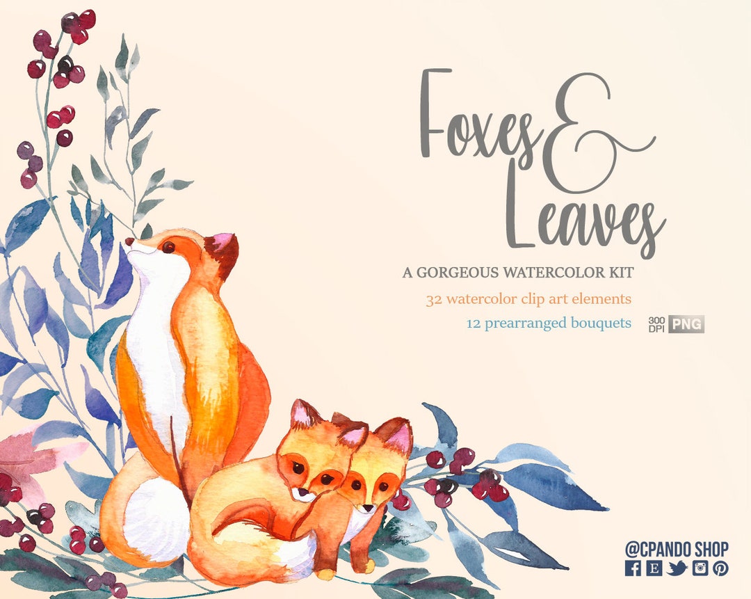Foxes and Leaves Watercolor Clip Art Woods Clip Art Woodland Fox ...