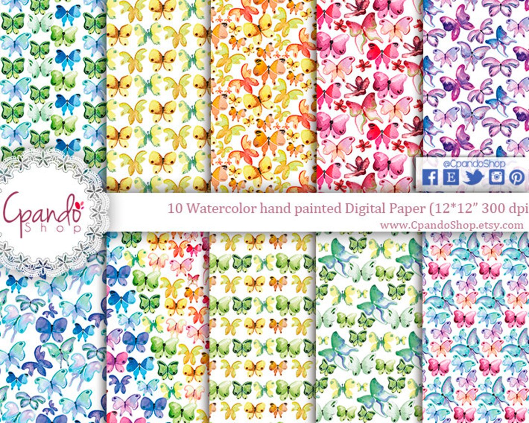 Butterfly Watercolor Digital Paper Hand Painted Watercolor Butterflies ...