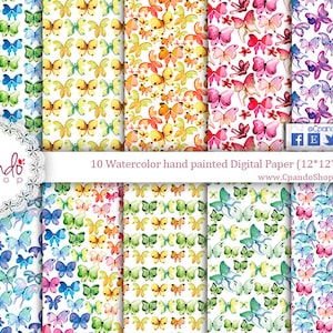 Butterfly Watercolor Digital Paper Hand Painted Watercolor Butterflies ...