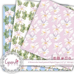 White Orchid Digital Paper, Watercolor Flower Digital Paper, Watercolor ...