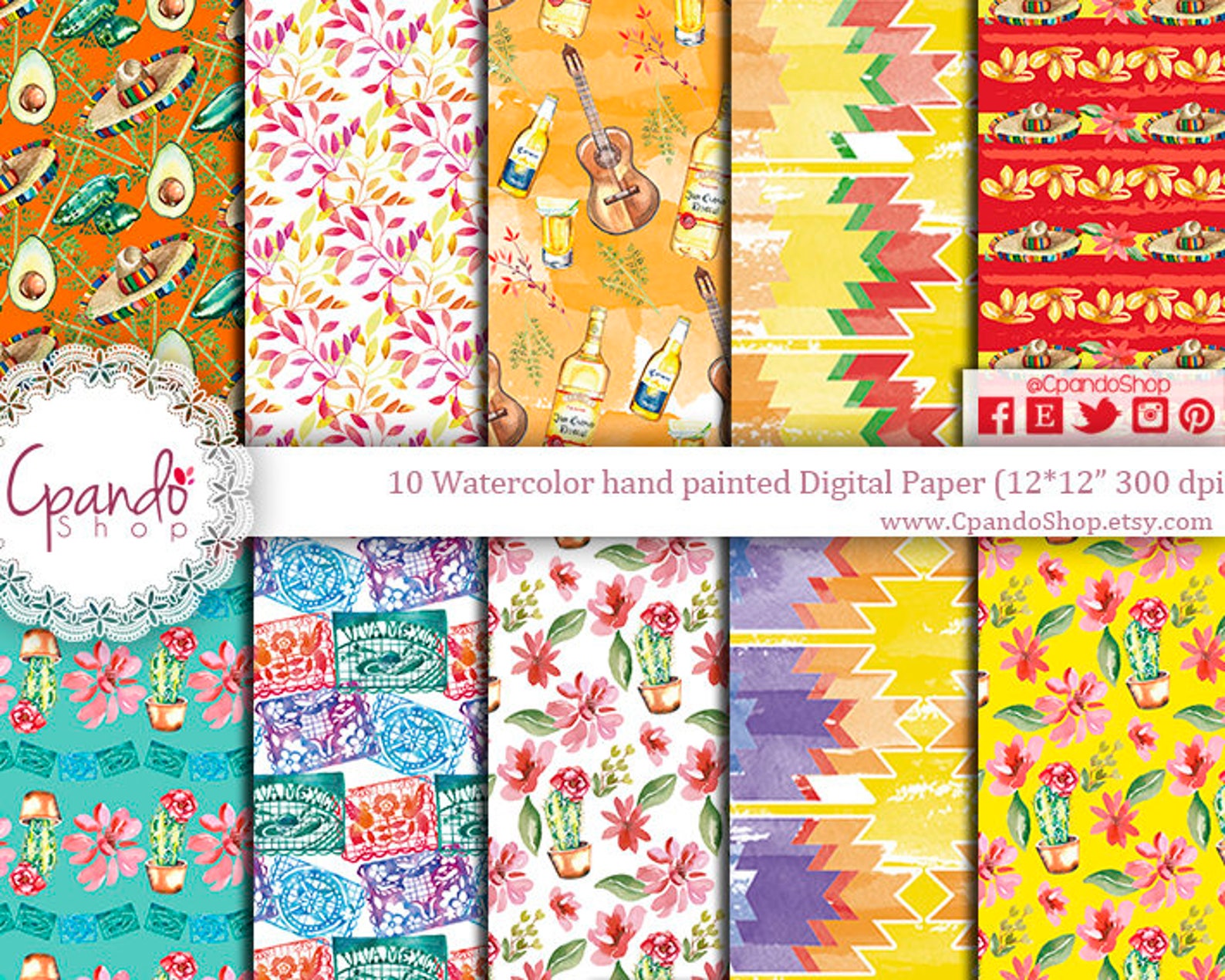 Mexican Party Digital Paper Hand Painted Cinco De Mayo Wallpaper for ...