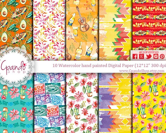 Mexican Party Digital Paper Hand Painted Cinco De Mayo - Etsy