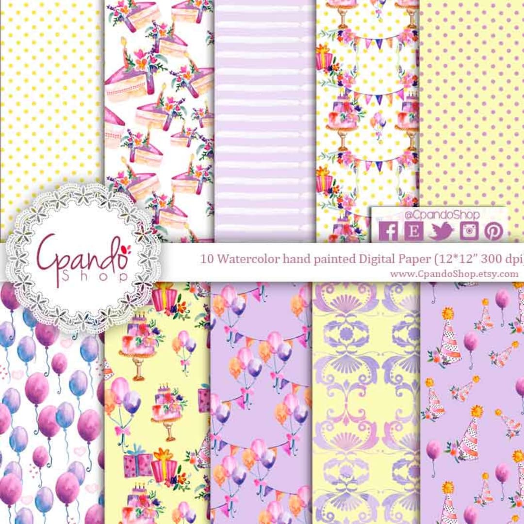 Watercolor Birthday Girl Digital Paper, Cake Digital Paper, Birthday ...