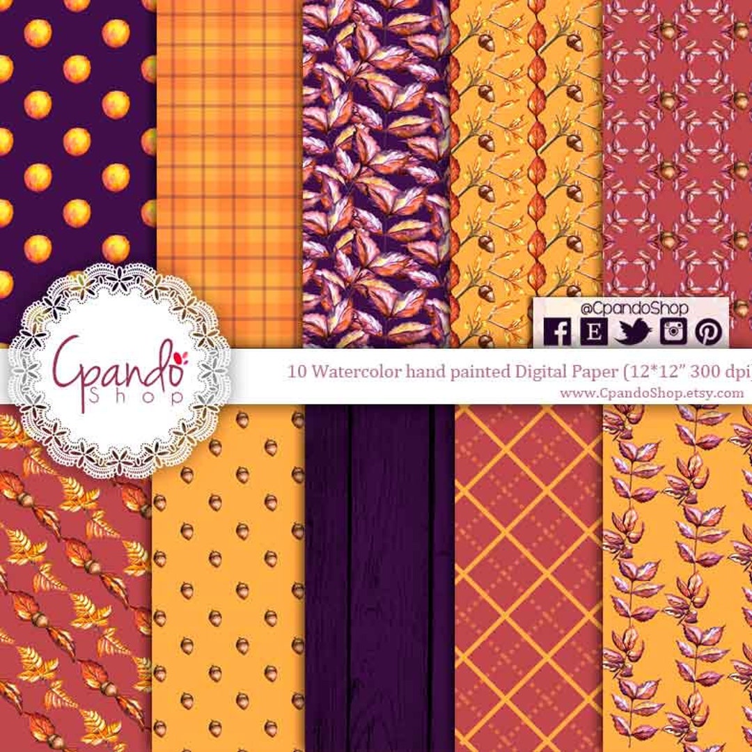 Autumn Digital Paper Watercolor Autumn Invitation Watercolor Leaves ...