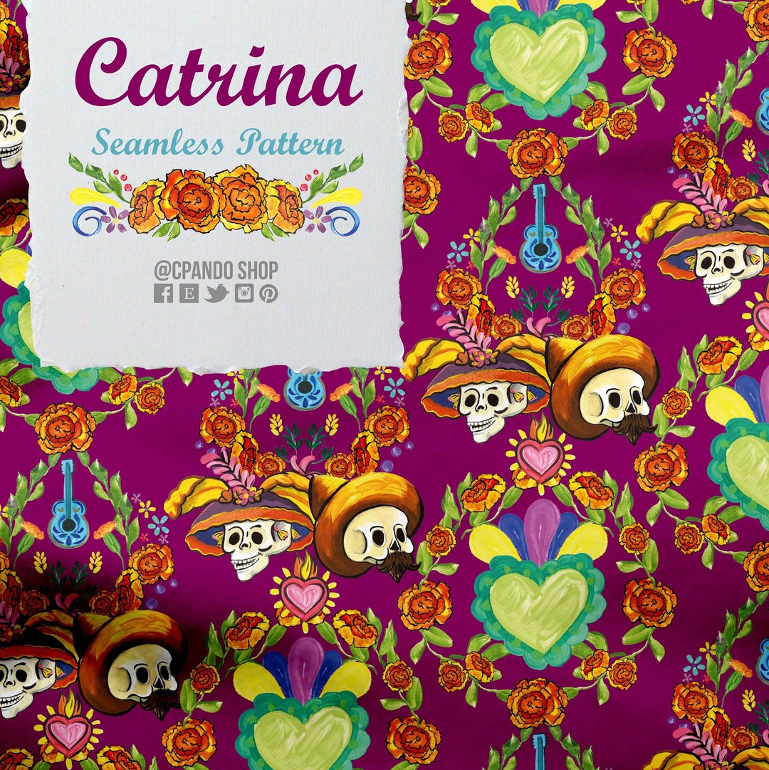 Day of the Dead Seamless Pattern - Catrina, Catrín, and Sacred Hearts ...