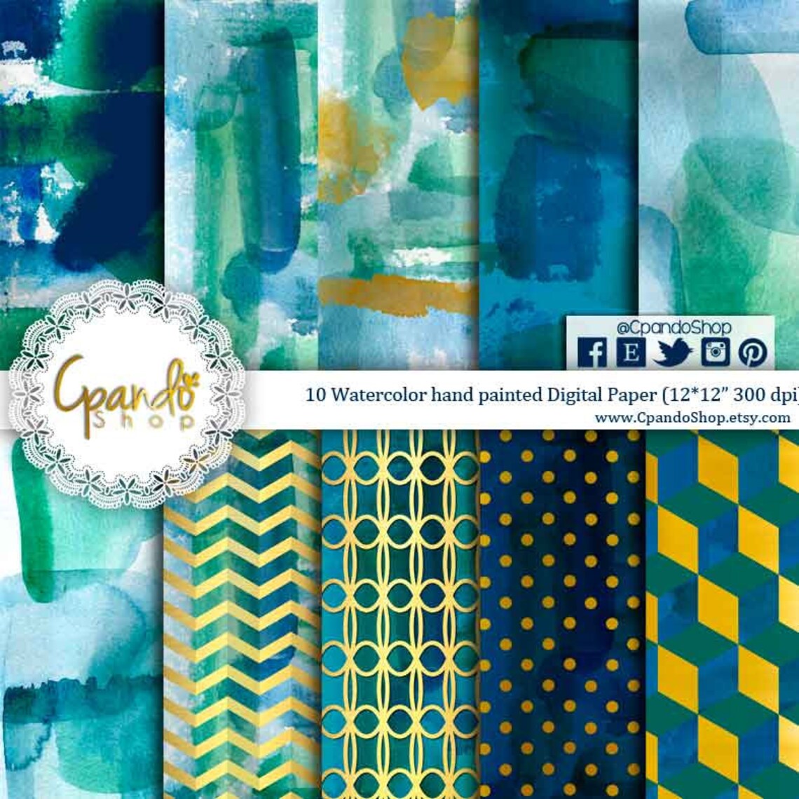 Turquoise & Gold Digital Paper Background Teal Chevron Polka - Etsy