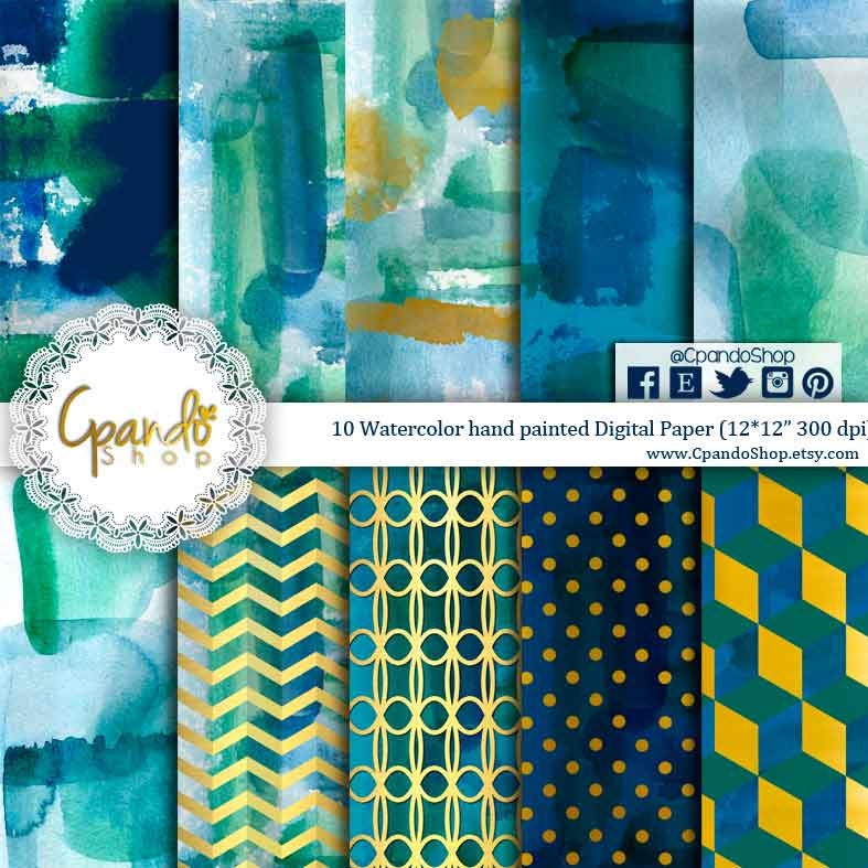 Turquoise & Gold Digital Paper Background Teal Chevron Polka Dots ...