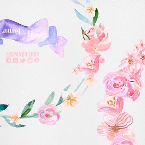 Rustic Laurels and Roses Wreaths Clipart. Vintage Watercolor Flower ...