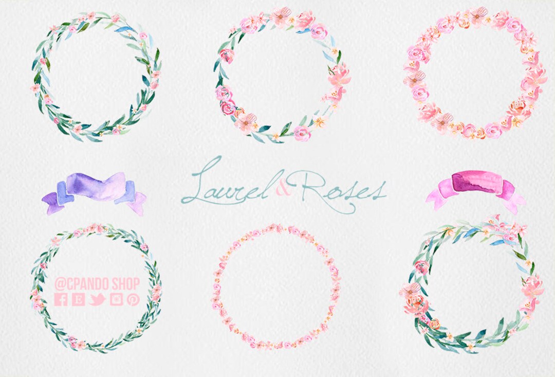 Rustic Laurels and Roses Wreaths Clipart. Vintage Watercolor Flower ...