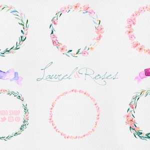 Rustic Laurels and Roses Wreaths Clipart. Vintage Watercolor Flower ...