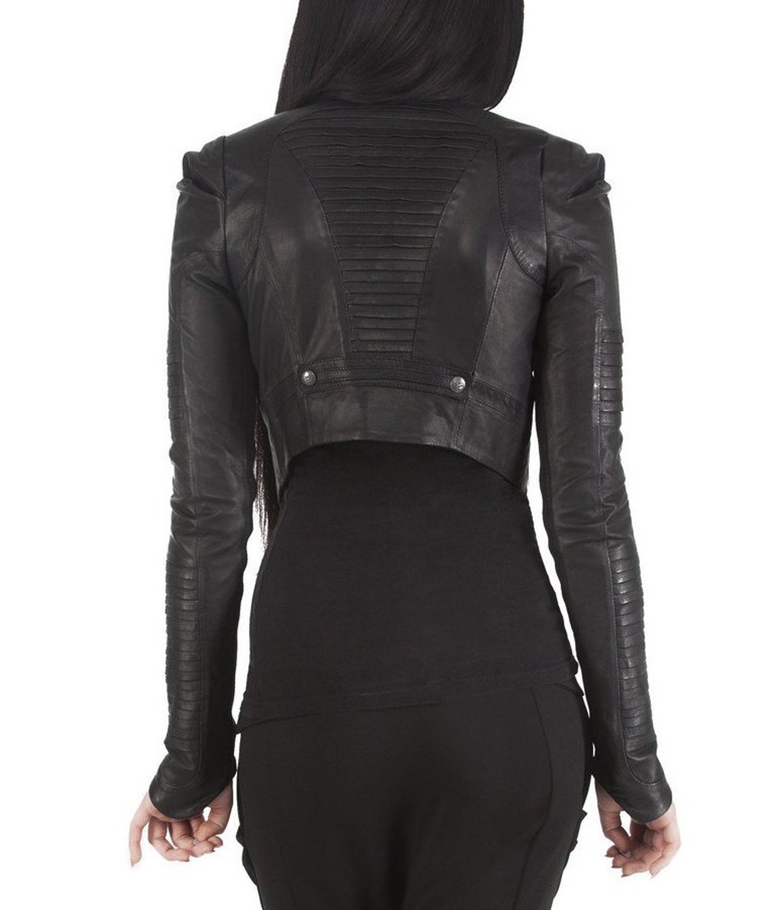 RIBBED CROP JACKET Women's Leather Jacket Black - Etsy