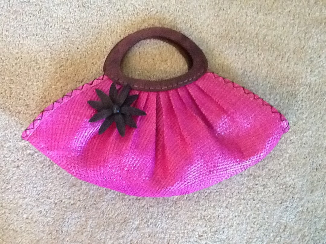 Fushia Woven Handbag With Wood Handles Hand Stitched Around Purse - Etsy