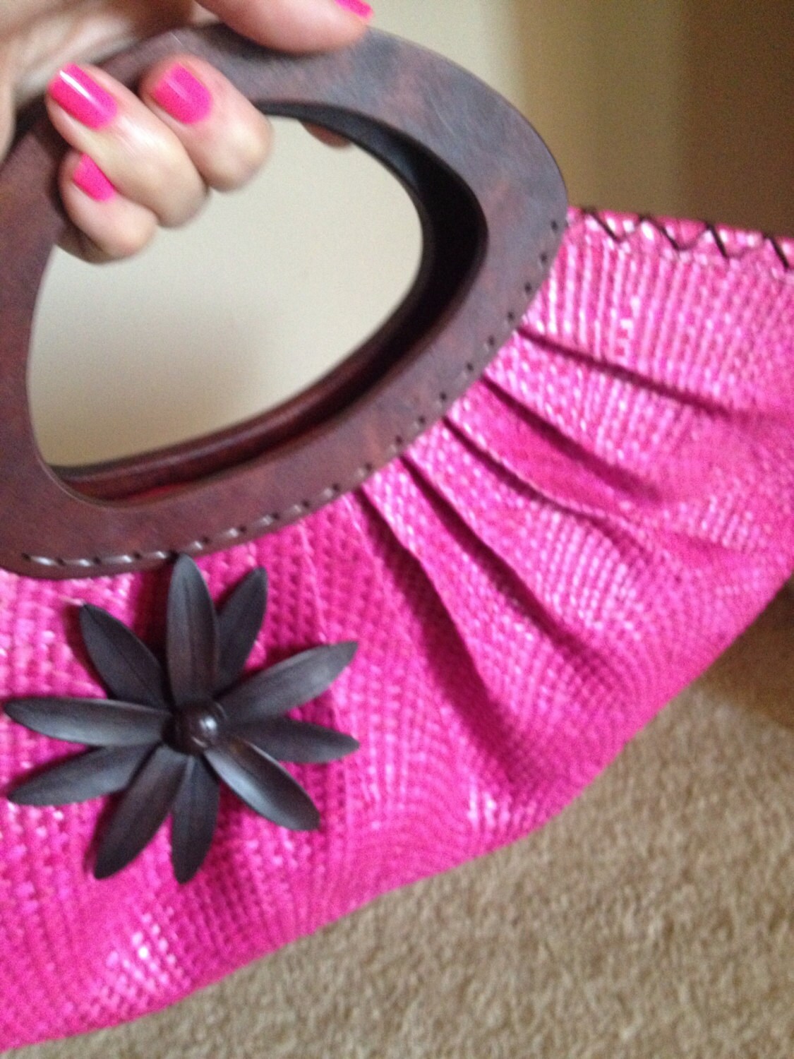 Fushia Woven Handbag With Wood Handles Hand Stitched Around Purse - Etsy