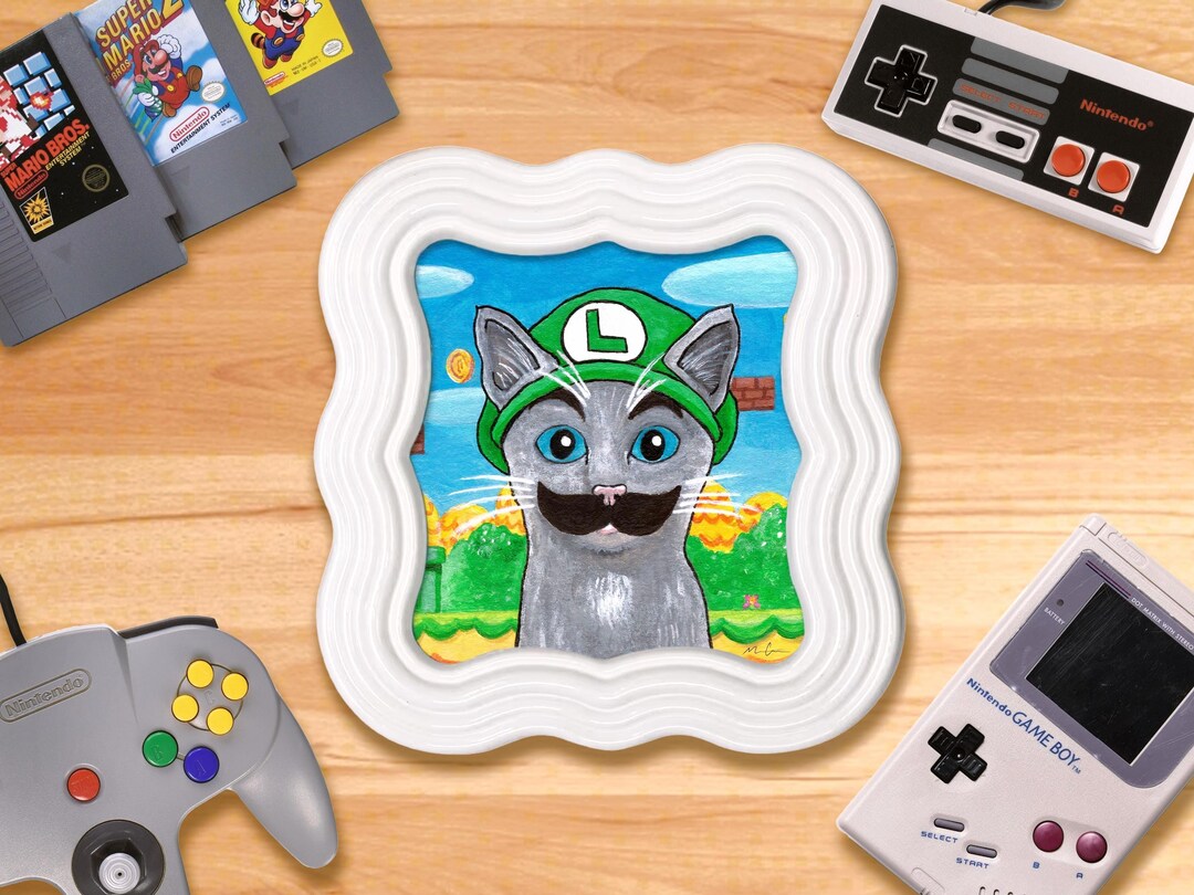 Square Wall Art, Luigi Cat Art, Luigi Art Poster, Handpainted Wall Art ...