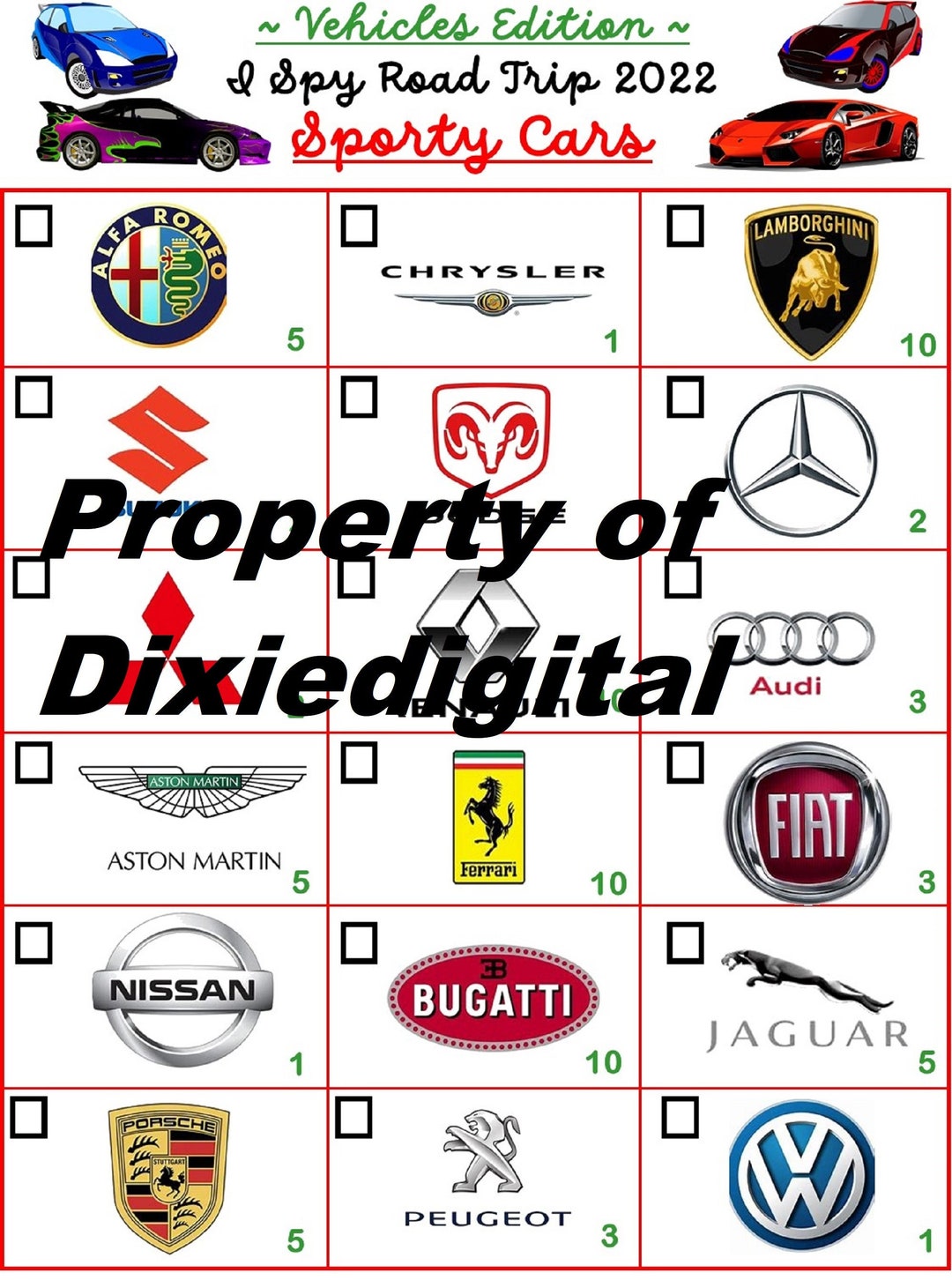 Summer Road Trip Game Travel I Spy, Sports Car Scavenger Hunt Game ...