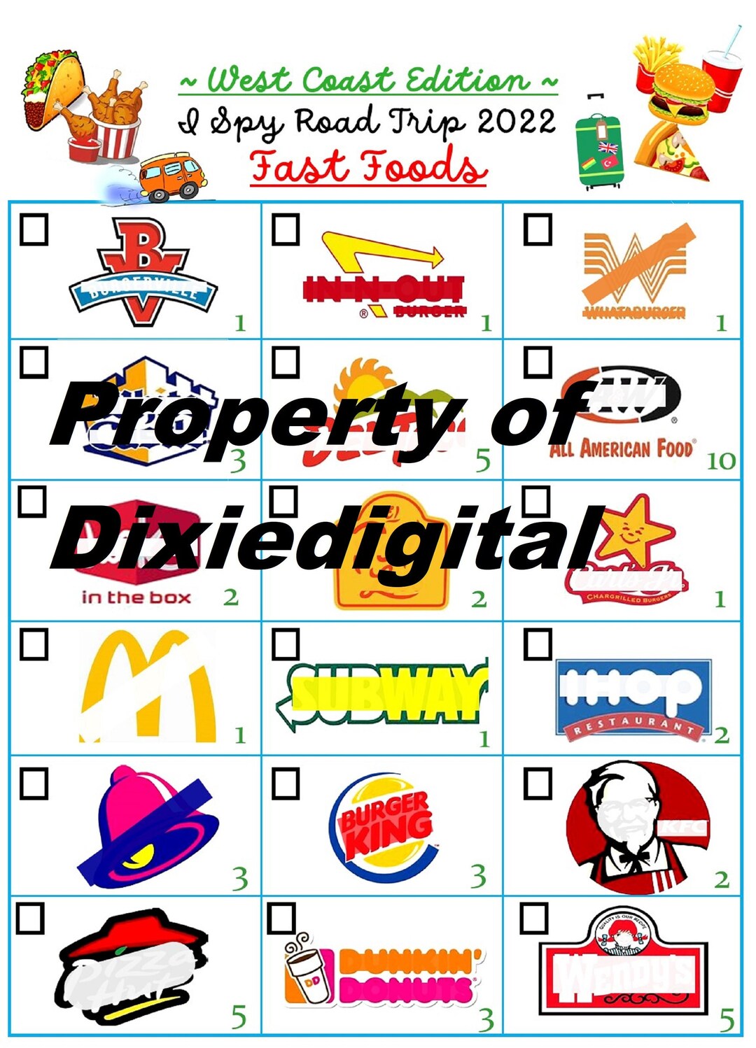 Road Trip I Spy Game, West Coast Fast Foods Scavenger Hunt (PDF) - Etsy