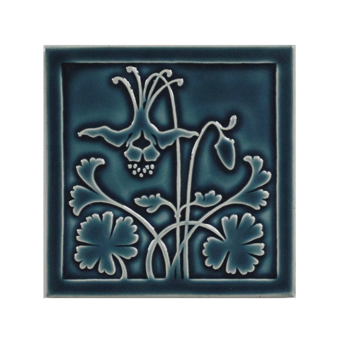 Craftsman Art Tile - Columbine Art Tile, in Crazed Blue Glaze, Floral ...