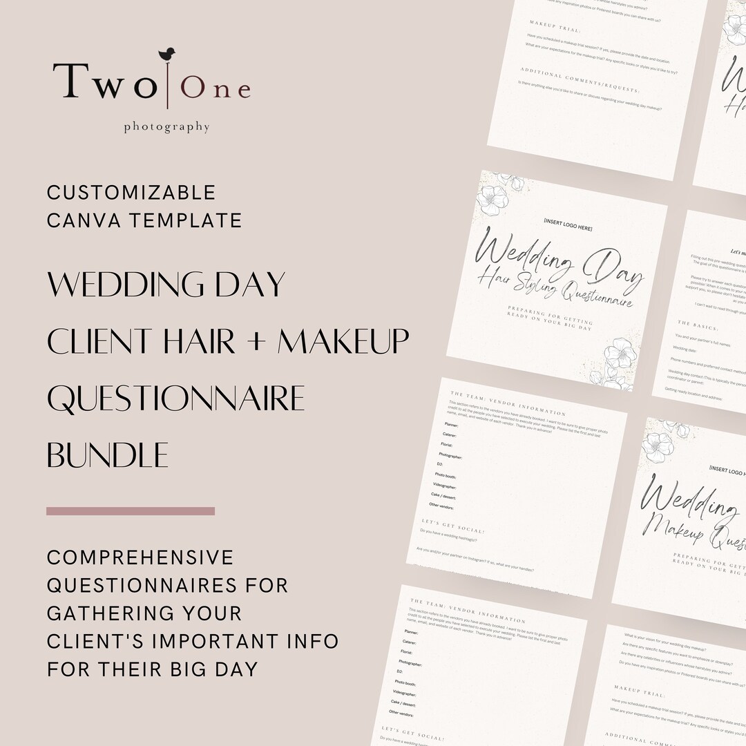 Wedding Day Hair & Makeup Questionnaire BUNDLE | HMUA Template | Canva ...