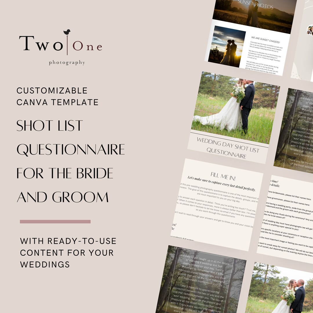 Photo Shot List Questionnaire for the Bride and Groom, Canva Editable ...