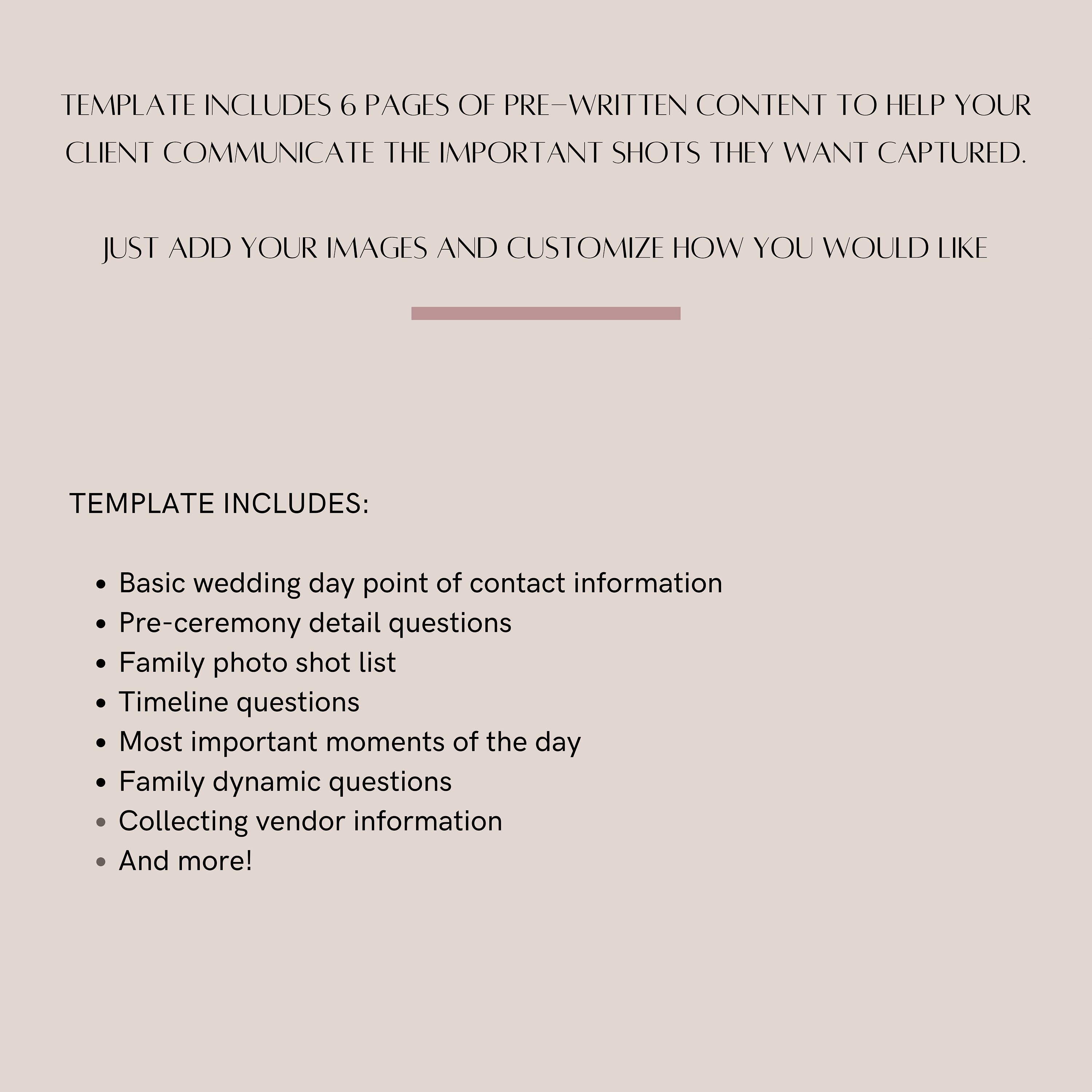 Photo Shot List Questionnaire for the Bride and Groom, Canva Editable ...