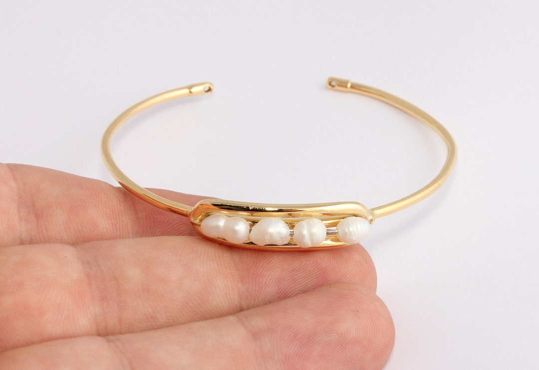24k Shiny Gold Pearl Bracelet Cuff, Stacking Wire Bracelet, Summer ...