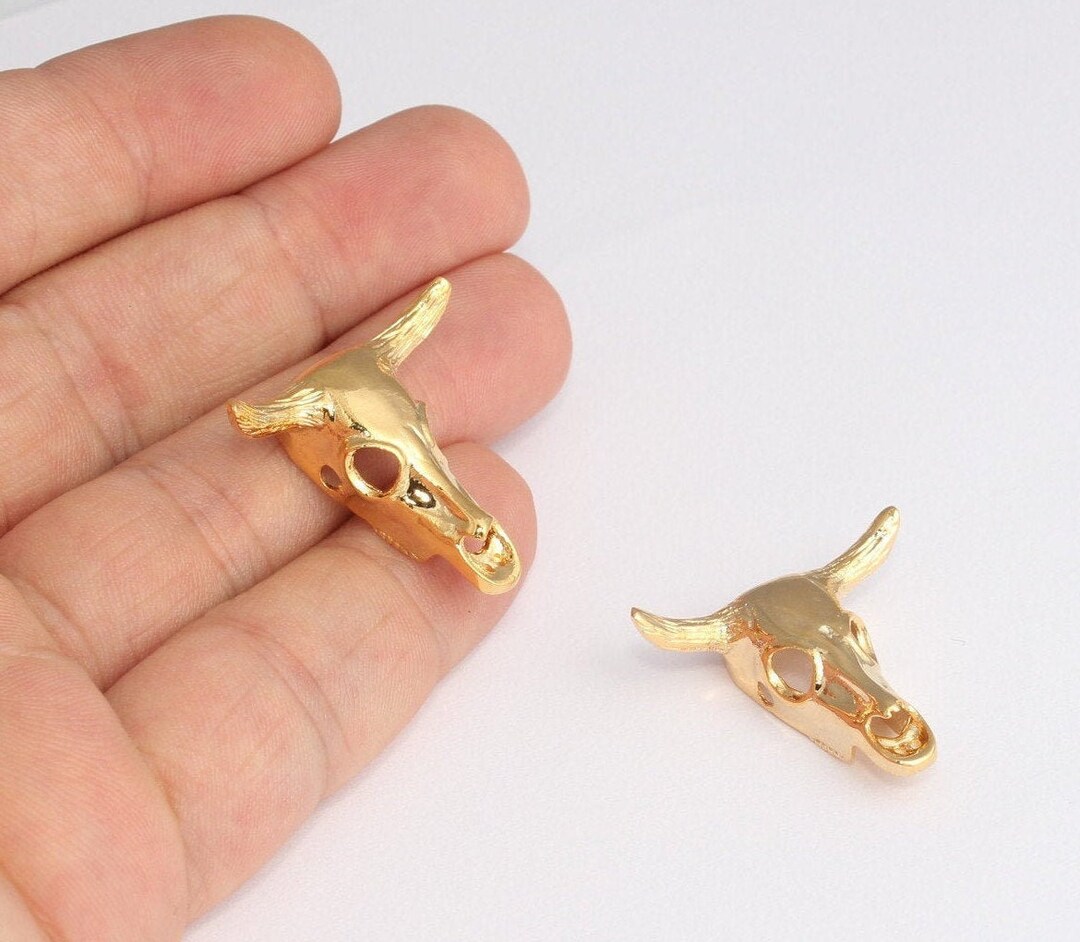 28mm 24k Shiny Gold Plated Cow Skull Charm, Buffalo Pendant, Horn ...