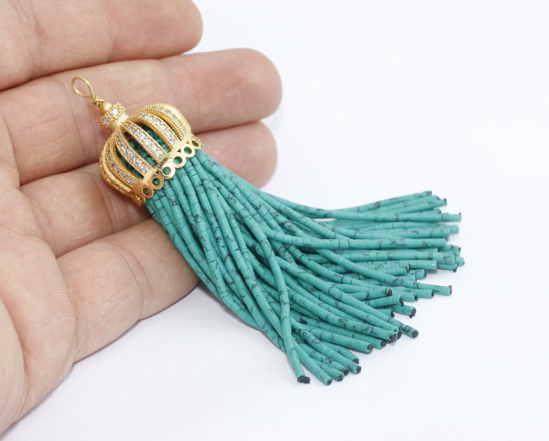 20x100mm Turquoise Afghan Tassel, Micro Pave Tassel End Caps, Beaded ...
