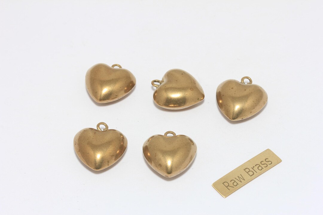 17mm Raw Brass Puffed Heart, Cute Heart Beads, Heart Necklace Charms ...
