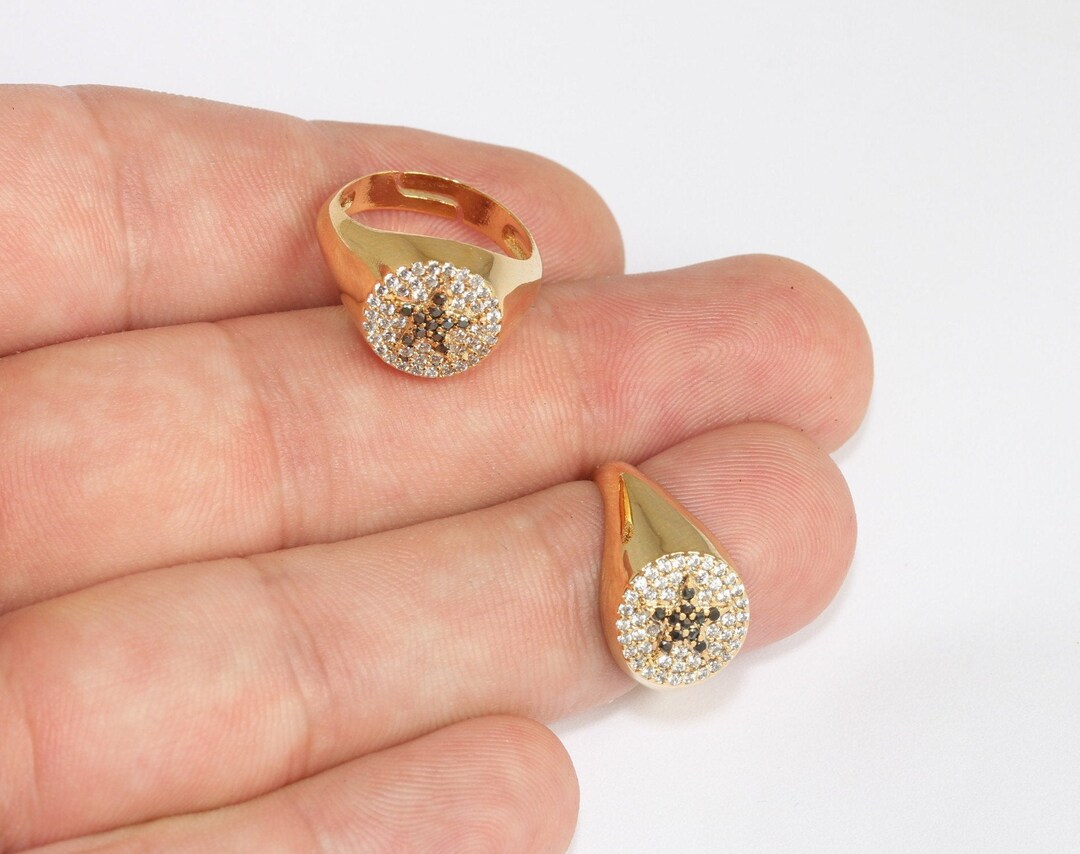 16-17mm 24k Shiny Gold Star Rings, Round Micro Pave Star Ring, Black ...
