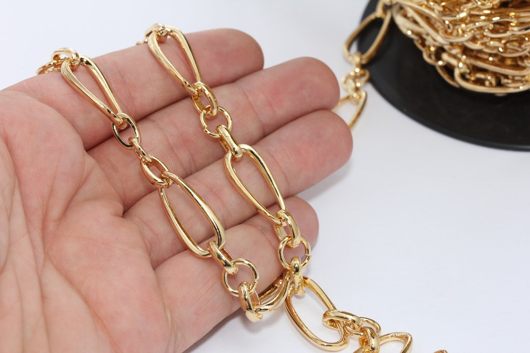 24k Shiny Gold Link Chain, Handmade Chain, Drawn Cable Chain, Chunky ...