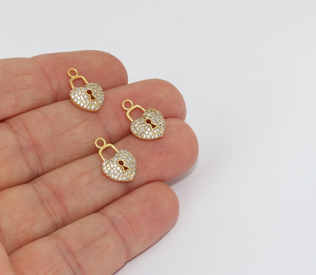 10x15mm 24k Shiny Gold Heart Lock Charms, CZ Lock Beads, White Zircon ...