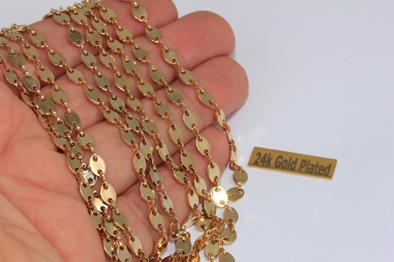 18k Shiny Gold Plated Oval Coin Chain, Disc Charm Chain, Bracelet ...