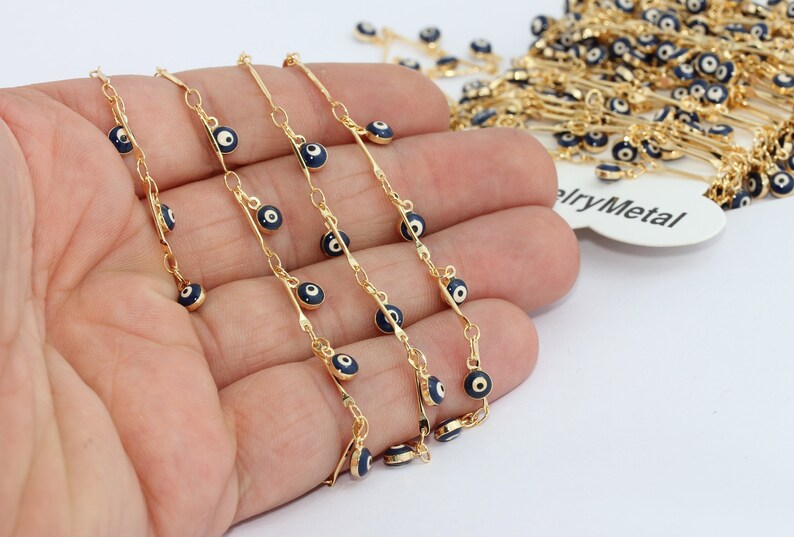 4x6mm 24k Shiny Gold Evil Eye Chain, Beaded Chains, Drop Bar Chain ...