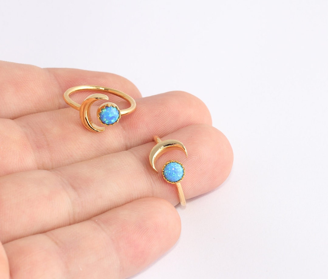 16-17mm 24k Shiny Gold Moon Ring, CZ Sky Blue Stone Moon Ring, Crescent Moon Ring, Golf Moon ...