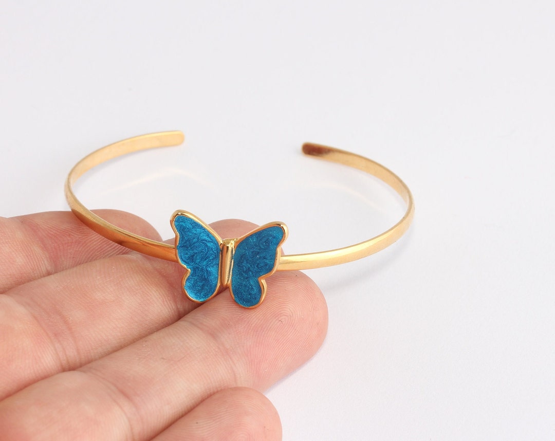 24k Shiny Gold Bracelet Cuff, Wire Butterfly Bracelet, Blue Enamel ...