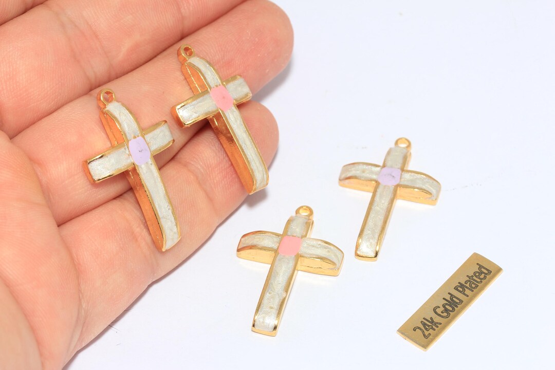 20x32mm 24k Shiny Gold Enamel Cross Charm, Pearl White and Pink Enamel ...