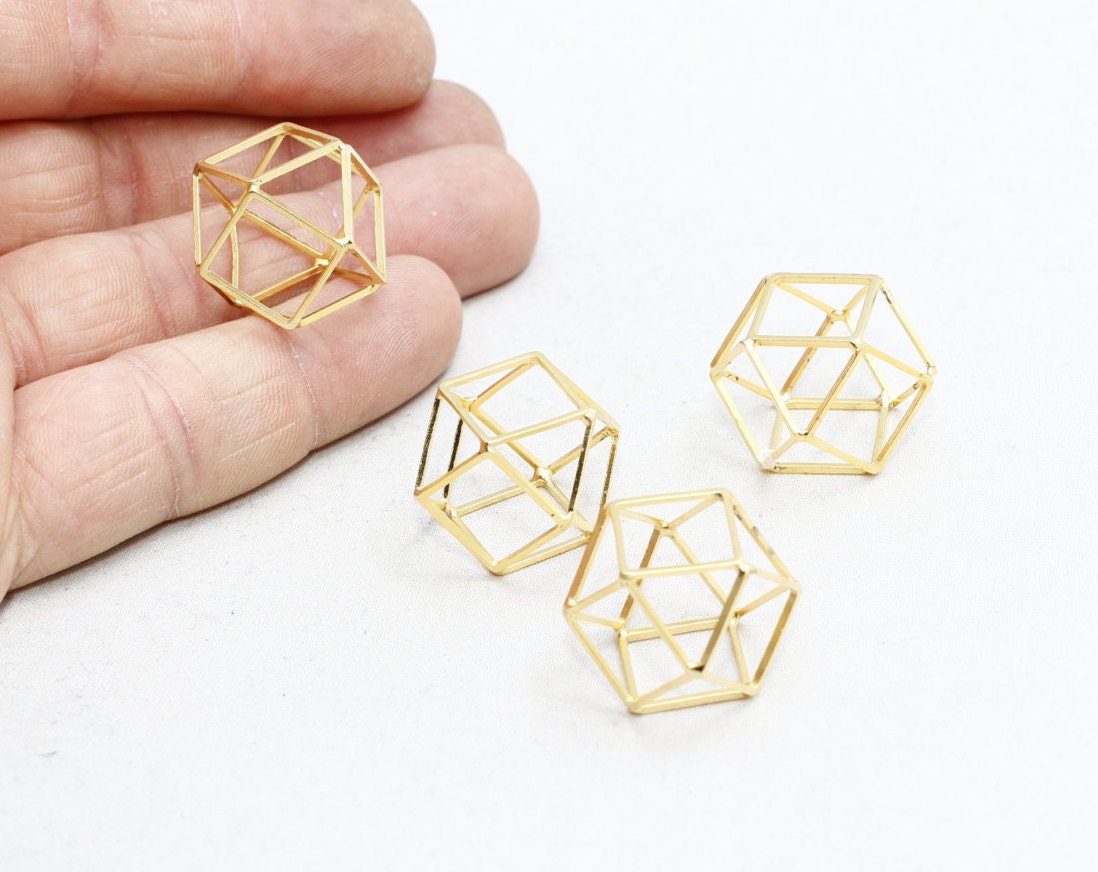 17mm 24k Matt Gold Open Cube Charm, 3D Cube Charms, Prism Charms ...
